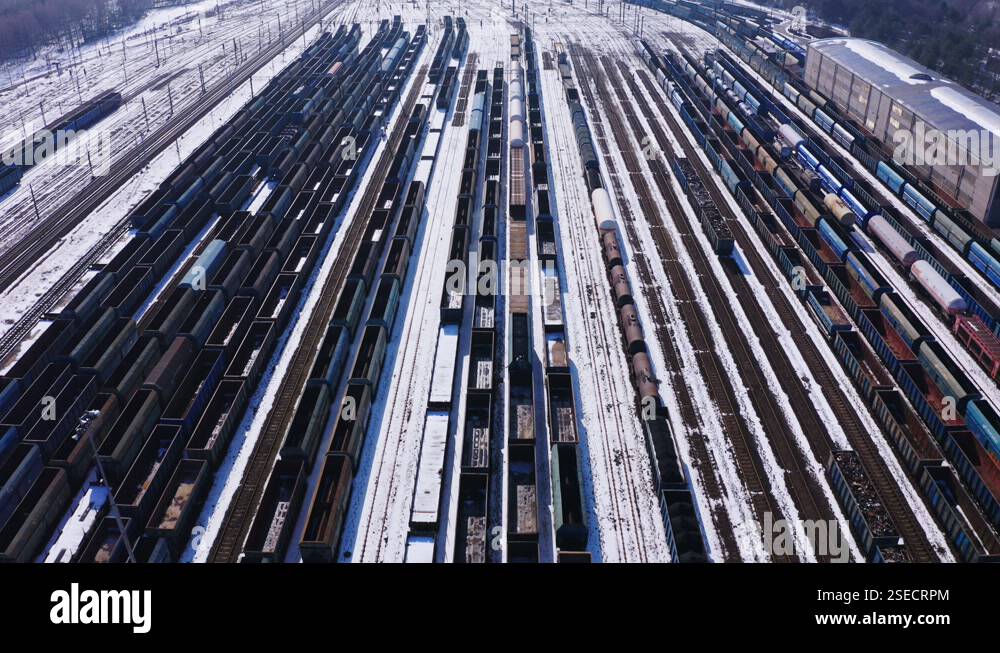 Long straight lines of freight trains in the rail depot at Katowice ...