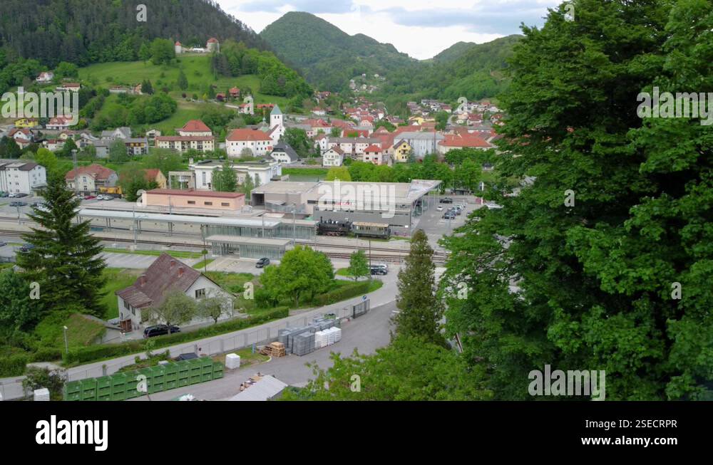 City Laško in Slovenia with small castle and big beer brewery. Aerial ...