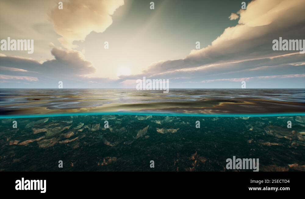 underwater view with horizon and water surface split by waterline Stock ...