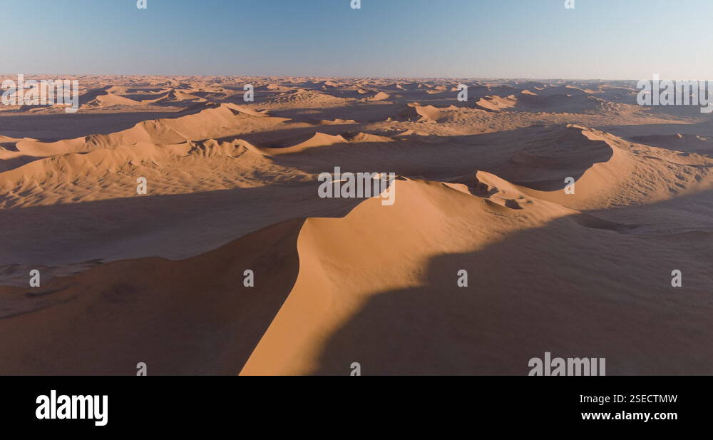 Drought. Climate change. aerial fly over view of endless dunes of Namib ...