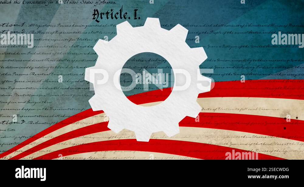 Animation of spinning white cog over constitution text and american ...