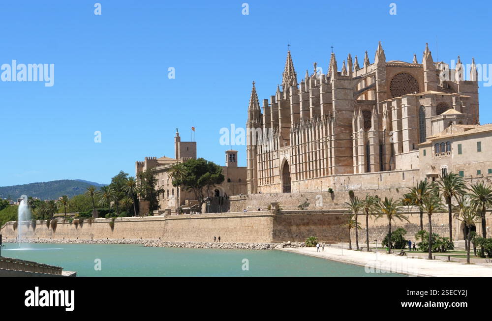 Beautiful static shot of Cathedral of St. Mary of Palma facade, Spain ...