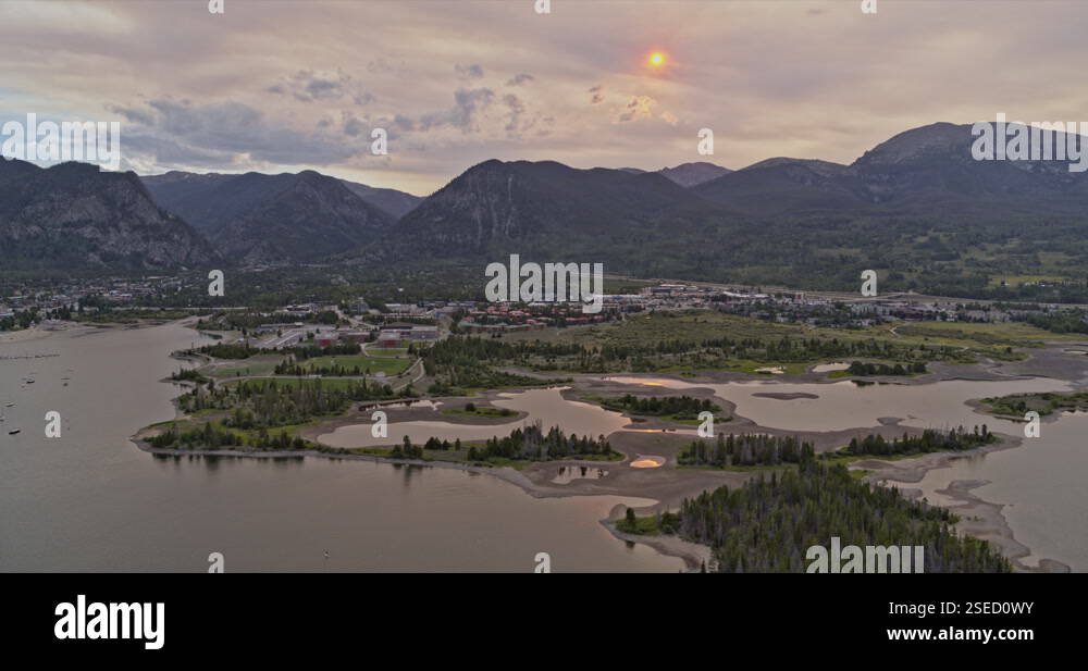 Frisco Colorado Aerial v3 panoramic pull out view over the lake ...