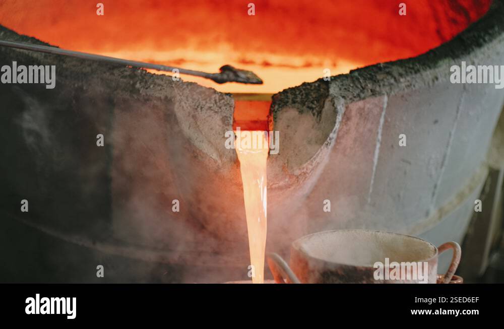 Hot Liquid Metal Stream is Pouring from Induction Foundry Furnace ...