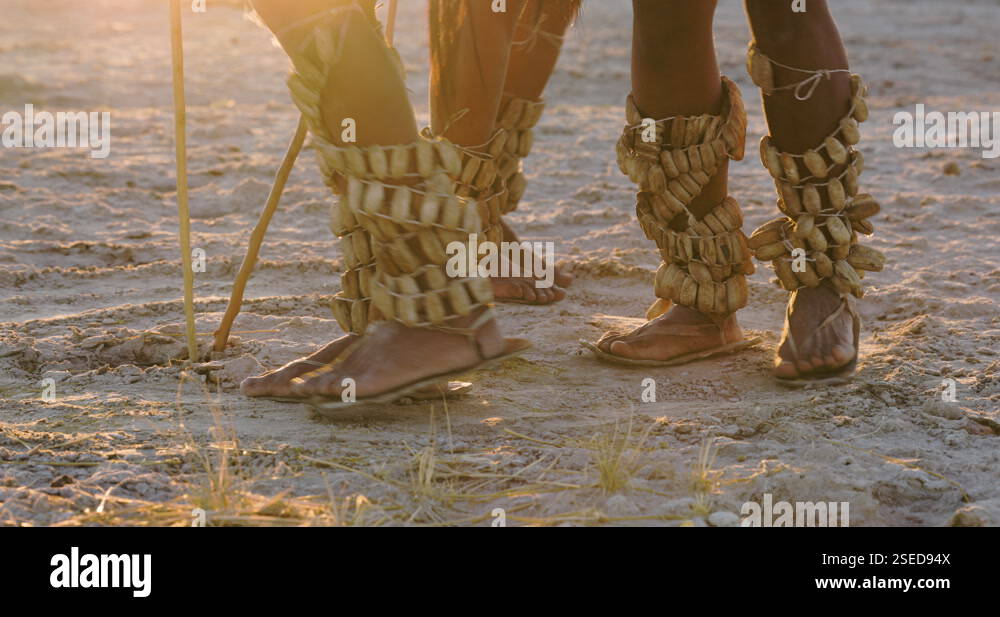Close-up portrait view of San people (Bushmen) feet with dancing ...
