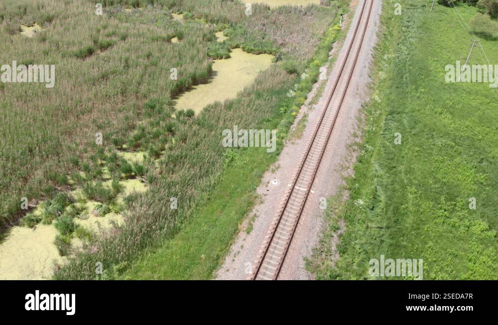 Flying over railway track, top view. Railroad among forest scene in ...