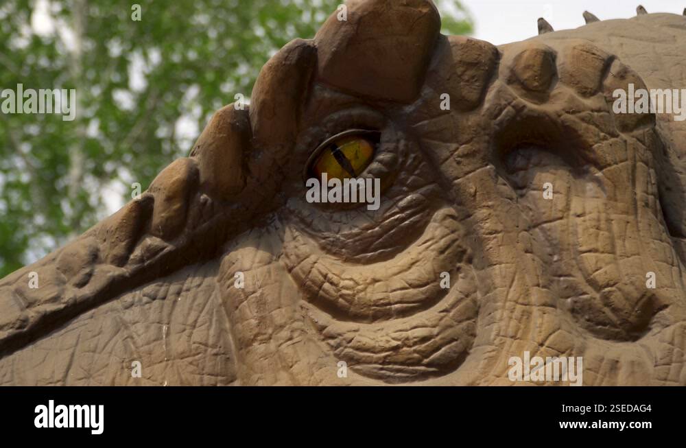 Tirex tyrannosaurus rex dinosaur eye. Large head of a lizard. Robotic model in Stock Video ...