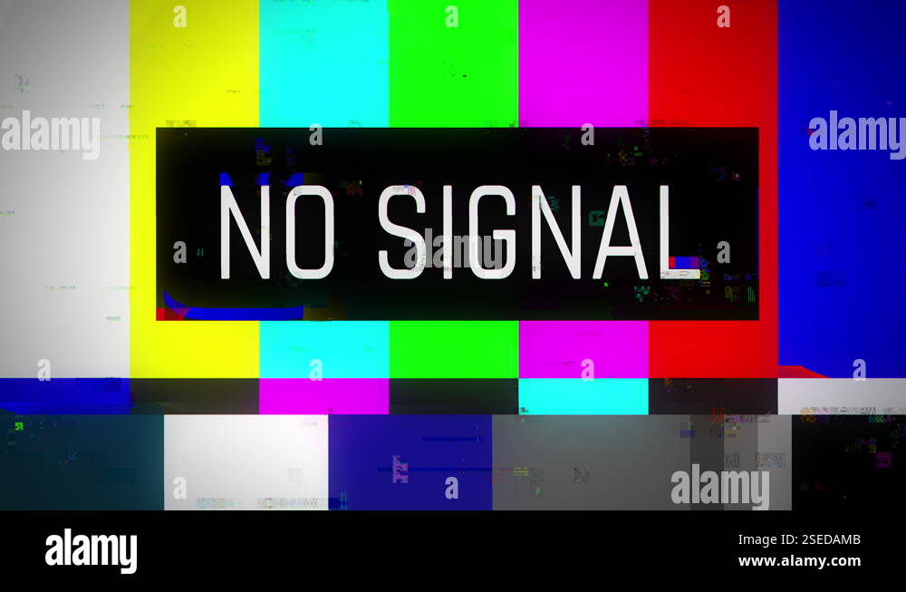 No signal warning text on retro TV screen, glitchy analog color bar ...