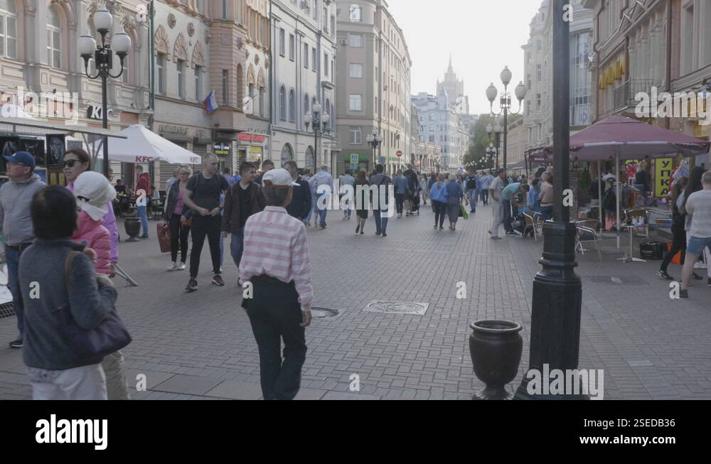 Walk people along Old Arbat Street in Moscow, Russia Stock Video ...