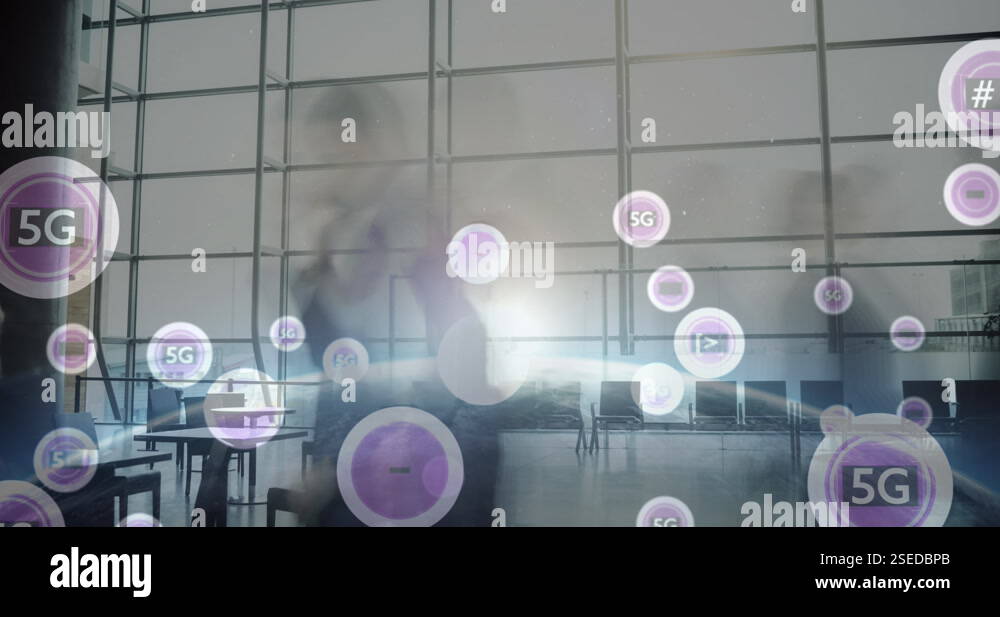 Animation of 5g text, scopes scanning and data processing over people in modern Stock Video ...