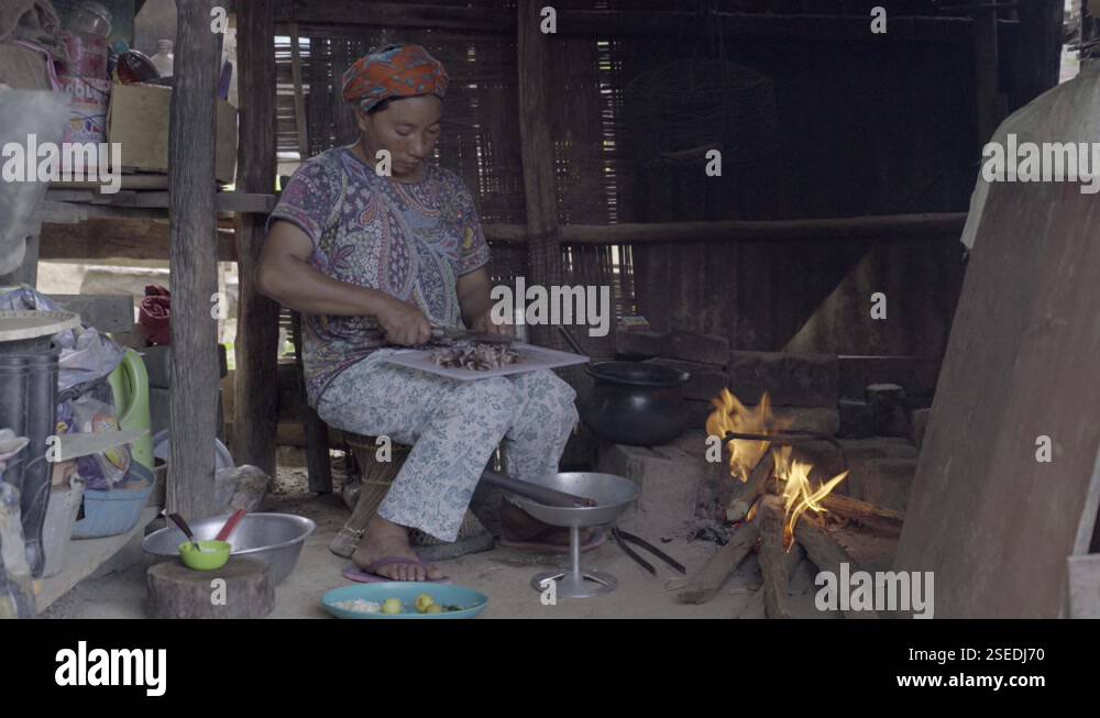 Asian woman in rural hut with cooking fire, cuts pig ear for chutney ...