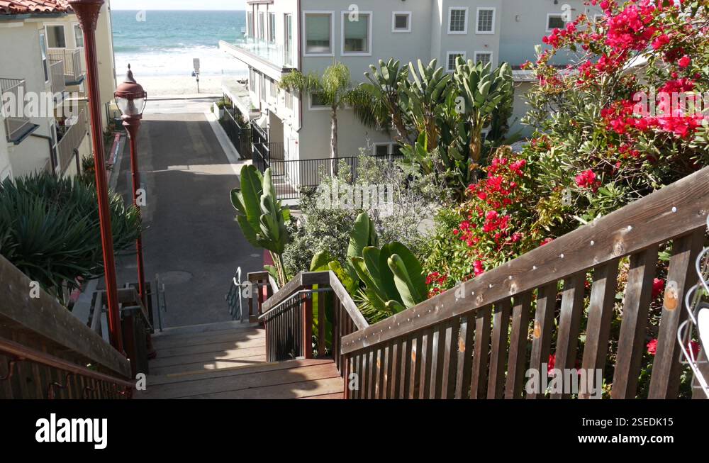 Wooden stairs, beach access in California USA. Coastal stairway ...