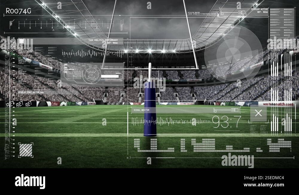Animation of scopes scanning and data processing over sports stadium ...