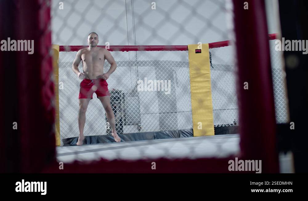 Muscular MMA fighter is practising in the octagon cage. Fighter is warming up Stock Video ...