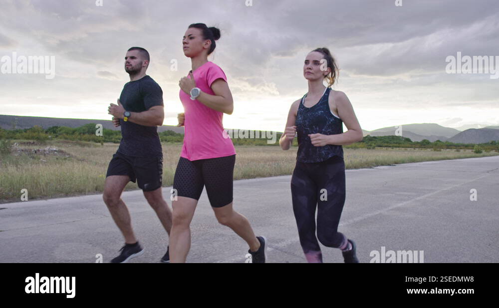 Multiethnic group of athletes running together on a panoramic ...