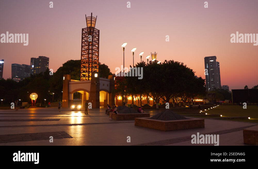 sunset foshan city famous downtown riverside park bay square 4k china ...