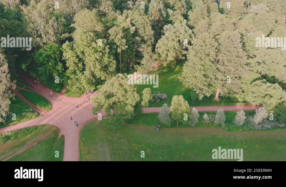 The drone flies around over park in at sunset, in park people walk ...