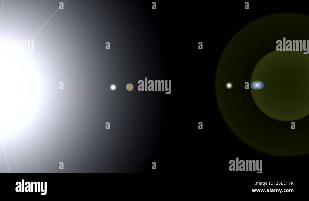 Black background solar system sun with lens flare moving from left to ...