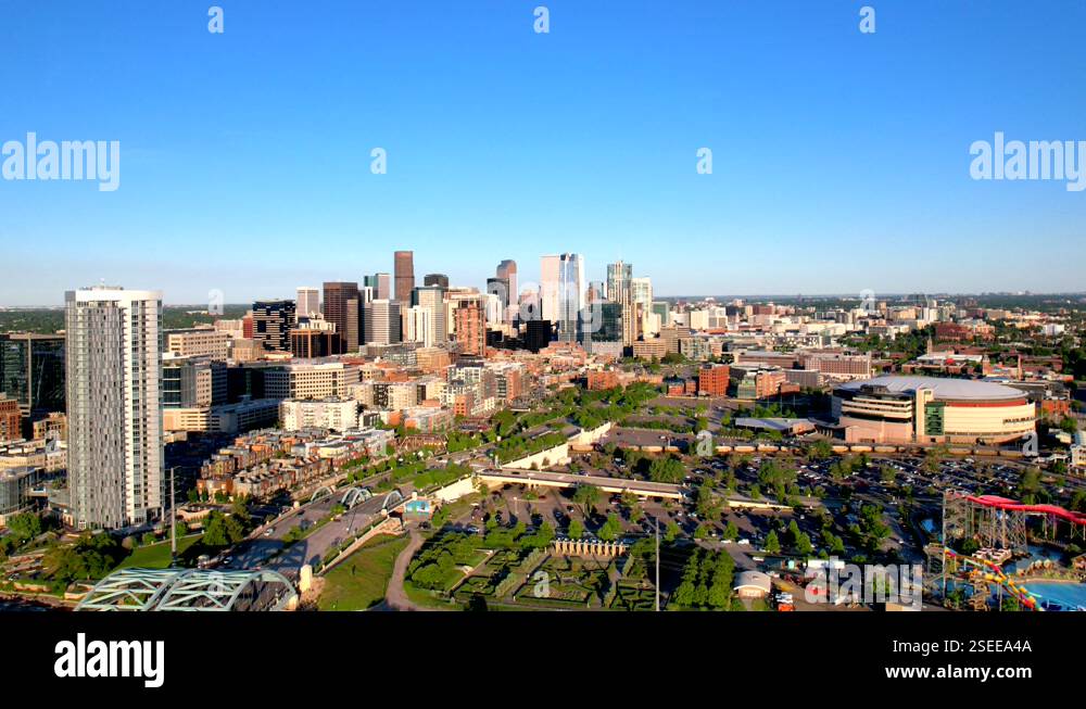 Busy Highway At Downtown Denver With A View Of Ball Arena And ...