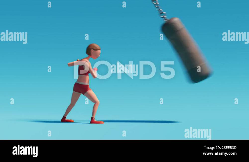 Young woman sparring with a punching bag. Seamlessly looping CGI ...