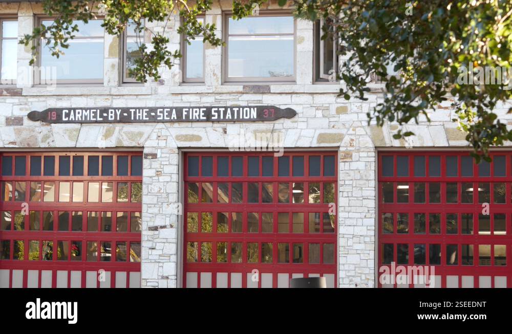 Gates of fire station. Firemens hall or firefighter house. Carmel ...
