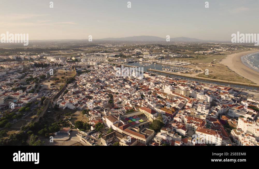 Panoramic view of Lagos, Algarve. Resort town by the river and sea ...