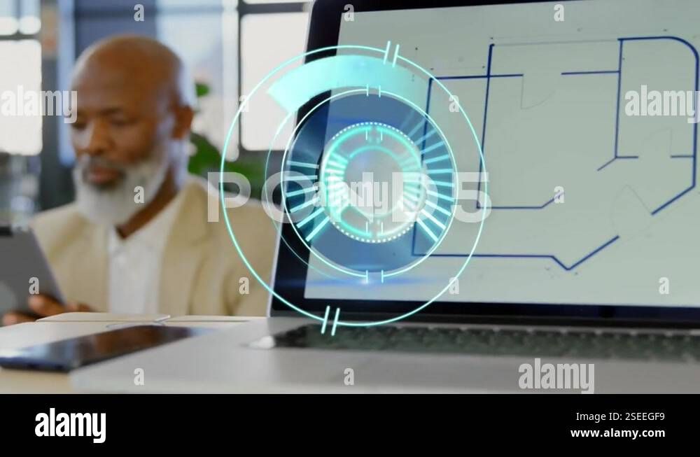 Animation of scope scanning over businessman using computer in office ...