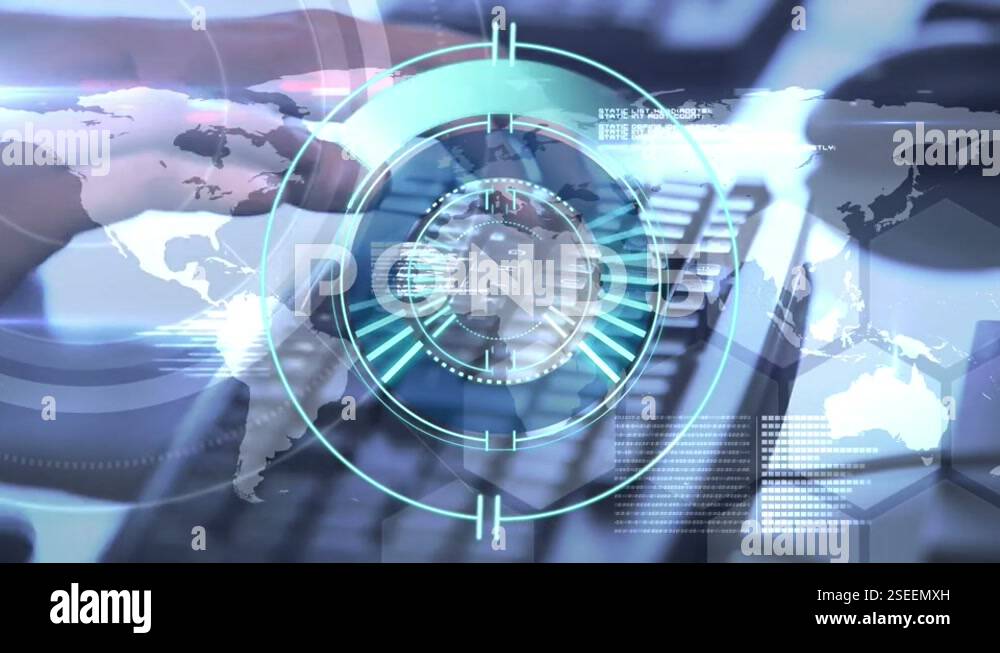 Animation of blue scope scanning over hands typing on computer keyboard Stock Video Footage - Alamy