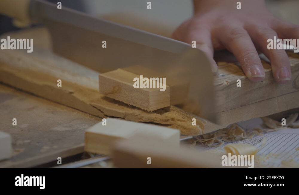 Focus on forearm of a woodworker sawing a wooden list in a carpentry ...