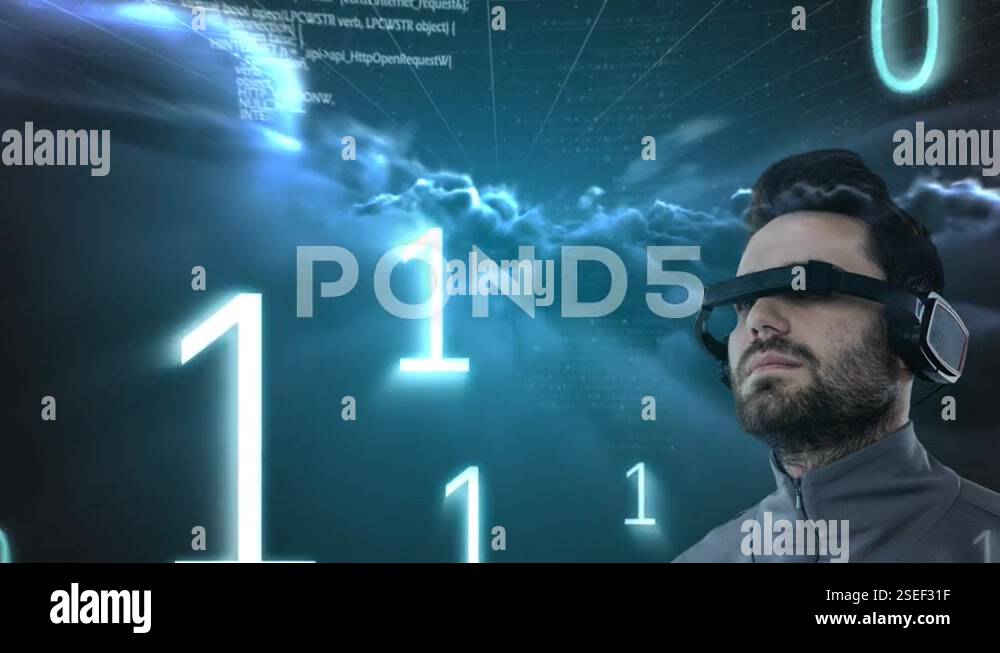 Caucasian man wearing vr goggles over binary coding and data processing ...