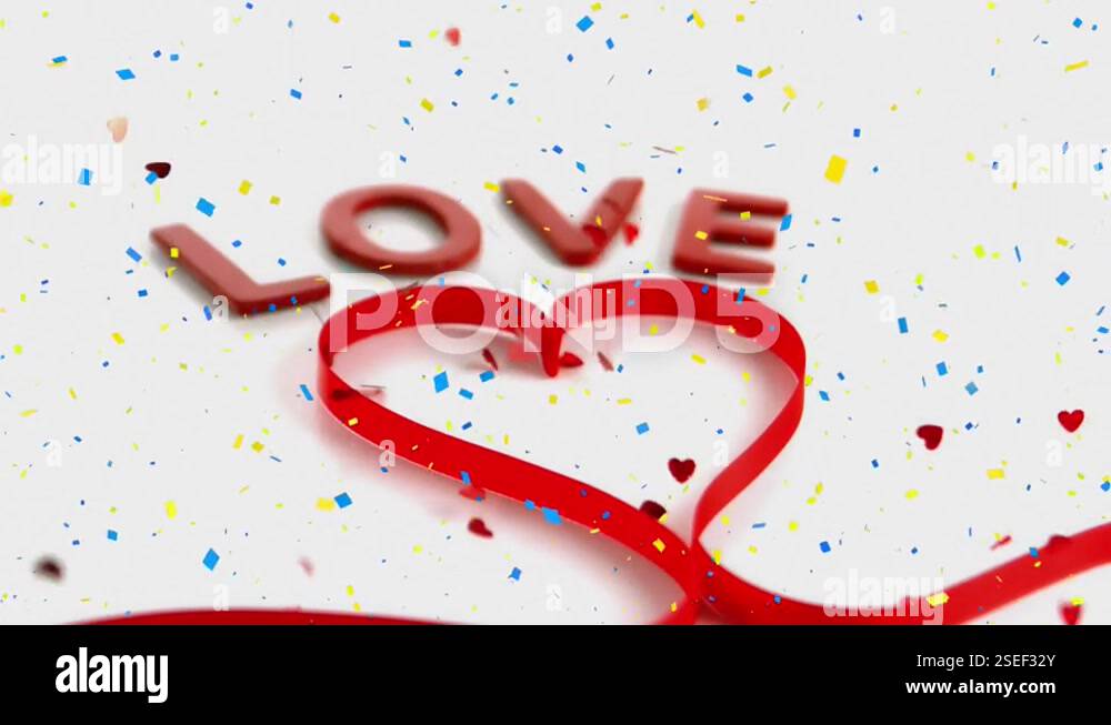 Animation of the word love and red ribbon in heart shape with confetti ...