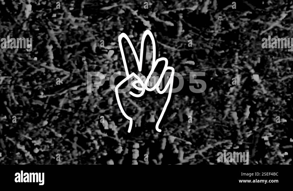 Animation of white neon peace sign hand, over monochrome grass Stock ...