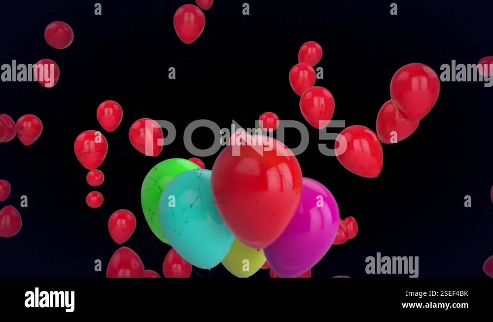 Animation of colourful balloons, with floating red balloons and ...