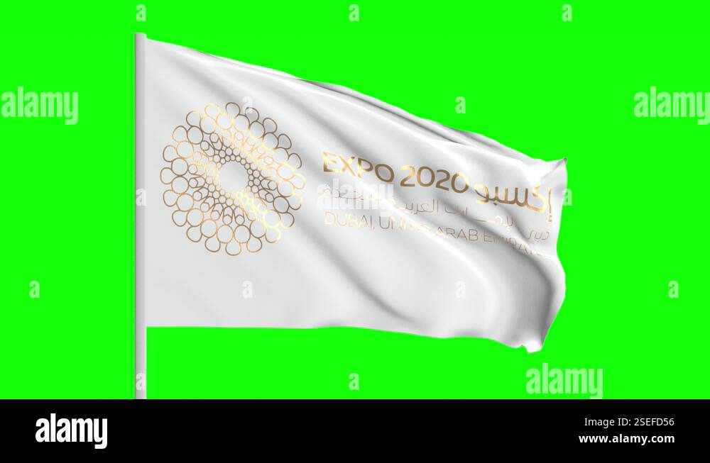 Dubai Expo 2020 Logo with Golden Text on White Flag on Green Screen ...