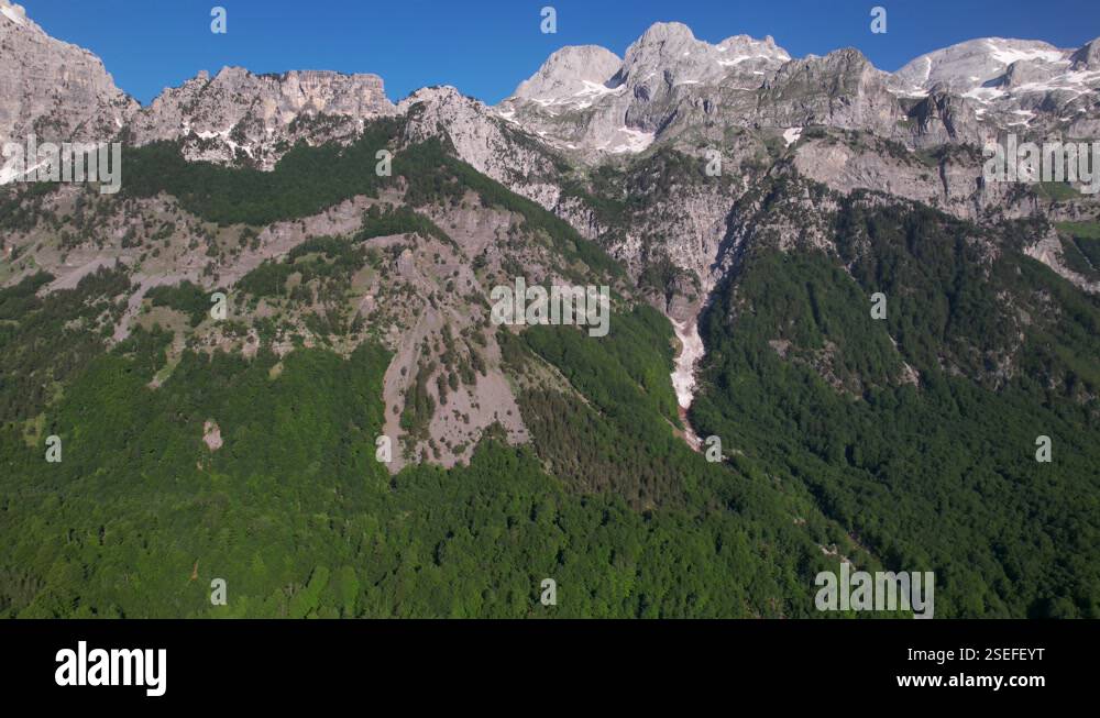 Panoramic rugged mountains range of Albanian Alps, snow over green wild ...