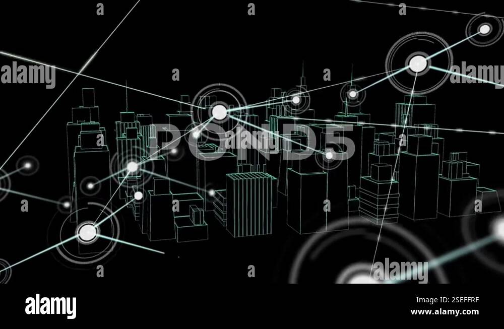 Animation of network of connections with icons over 3d city drawing ...