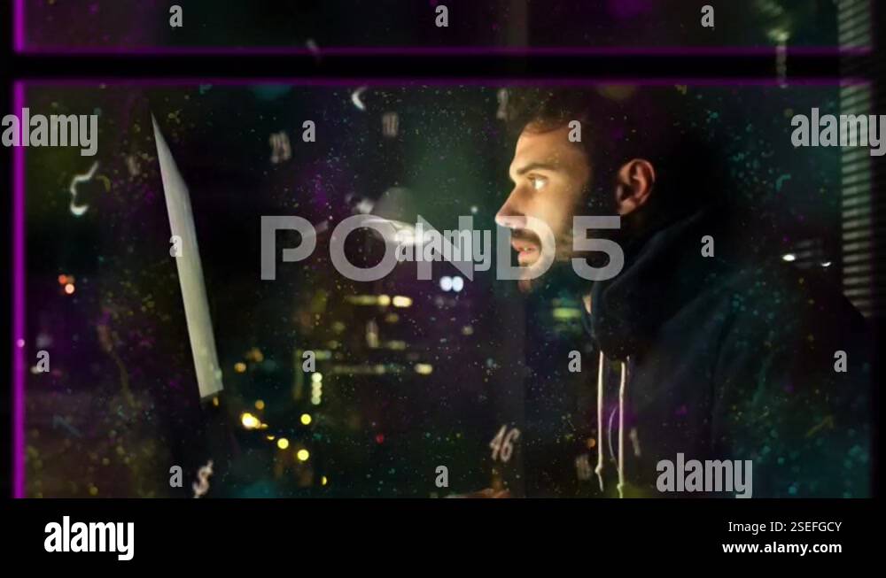 Animation of screen with glitch and numbers over hacker with computer ...