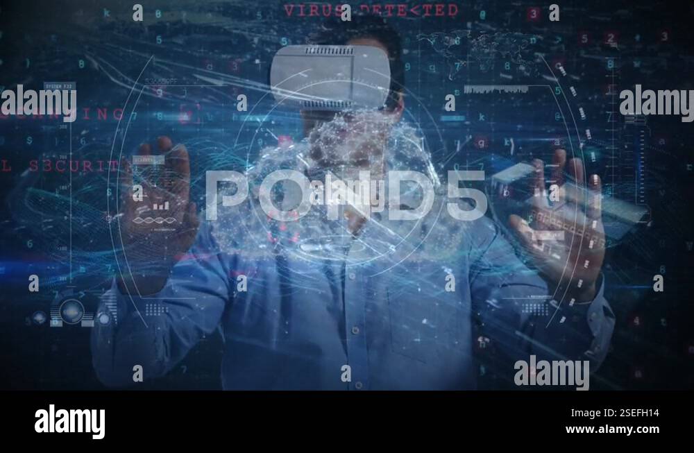 Animation of scope scanning and data processing over man wearing vr ...