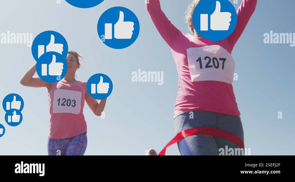 Animation of social media thumbs up like symbols, over female runners ...