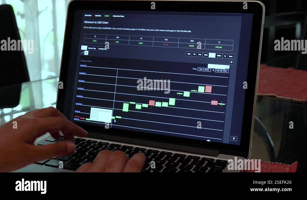 Women going through ETH 90 days Candle Stick Charts on a Laptop Stock ...