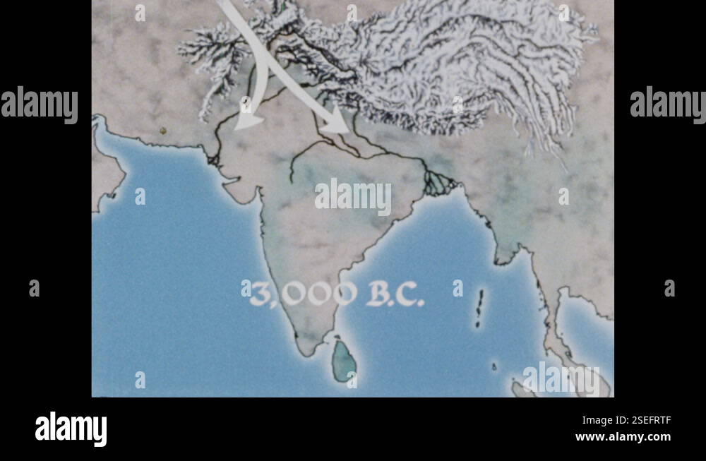1970s: Map of India: 3,000 BC. Arrows descend into Northern India ...