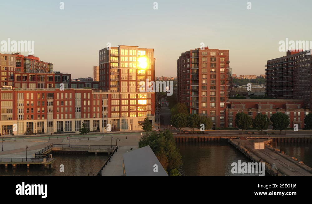 An aerial view of apartment buildings in New Jersey with the sun ...