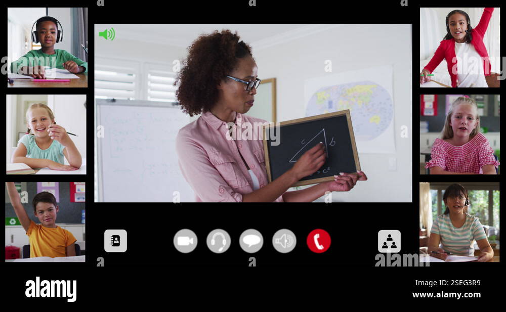 Composite video call interface with diverse female maths teacher and ...