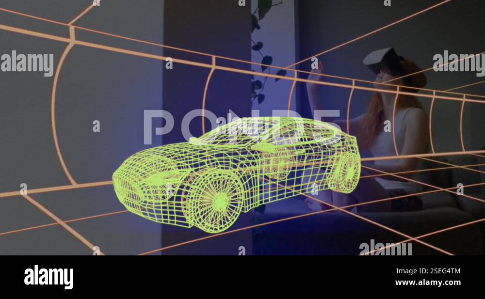 Animation of 3d technical drawing of car, over woman at home wearing vr ...