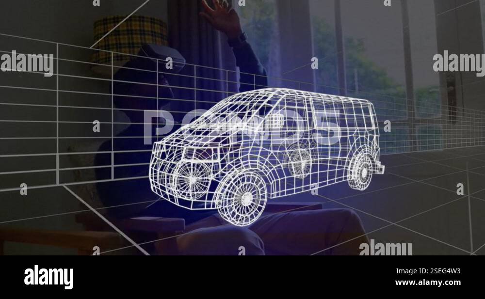 Animation of 3d technical drawing of van, over man at home wearing vr ...