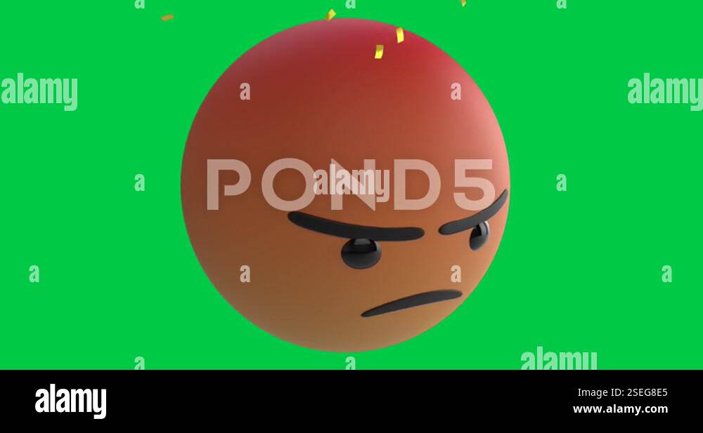 Animation of confetti falling over angry emoji icon on green screen ...