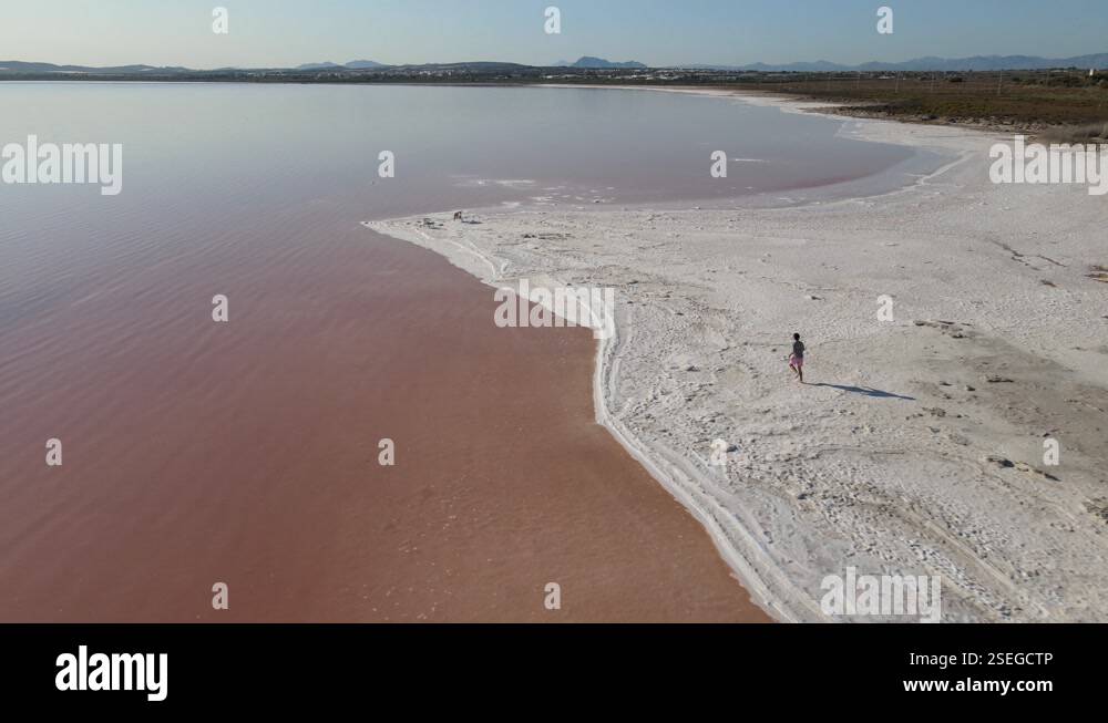 Man walk towards chair on shoreside of pink salt lake, Las Salinas De ...