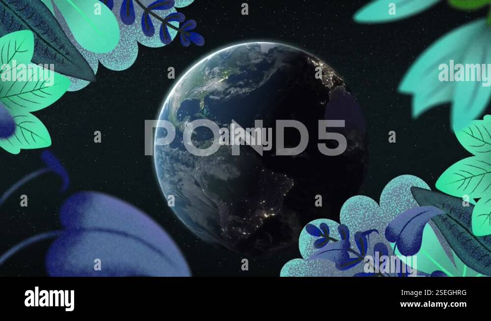 Animation of leaves and plants frame with location points over planet ...