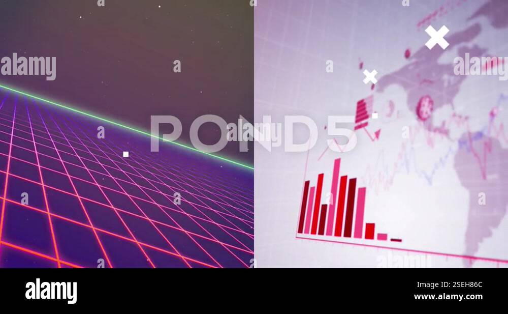 Animation of white crosses over red grid, data processing on graph over globe Stock Video ...