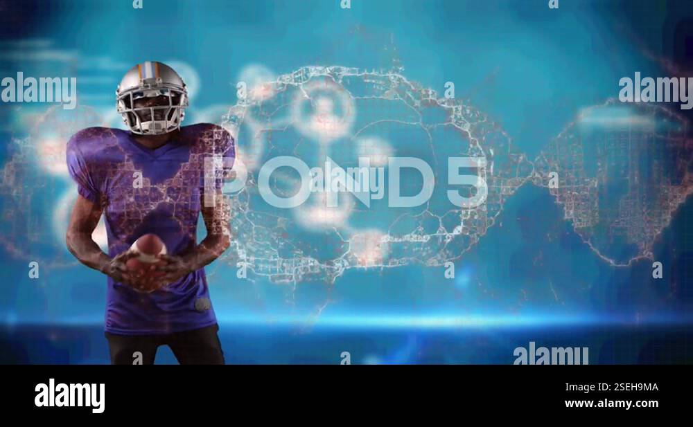 Animation of digital brain spinning over male american football player ...